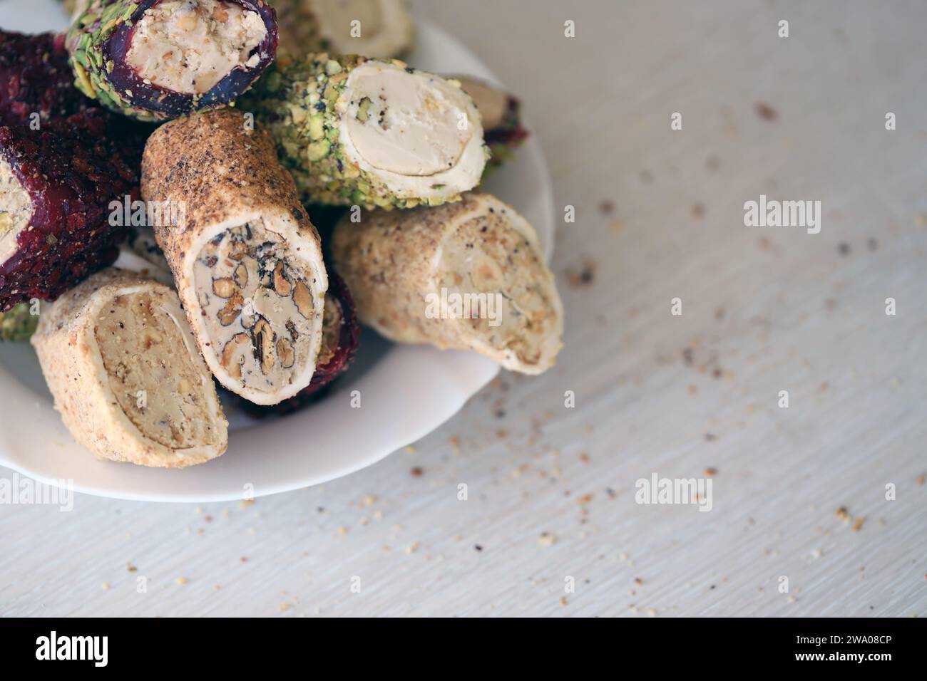 Many rolls of turkish delight with different flavors and fillings in ...