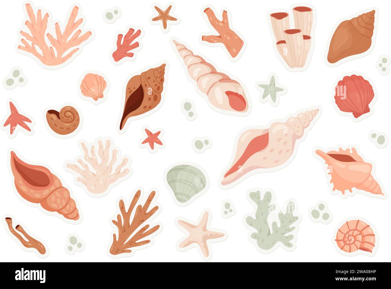 Cute sea shells sticker set vector illustration. Cartoon beach or ...