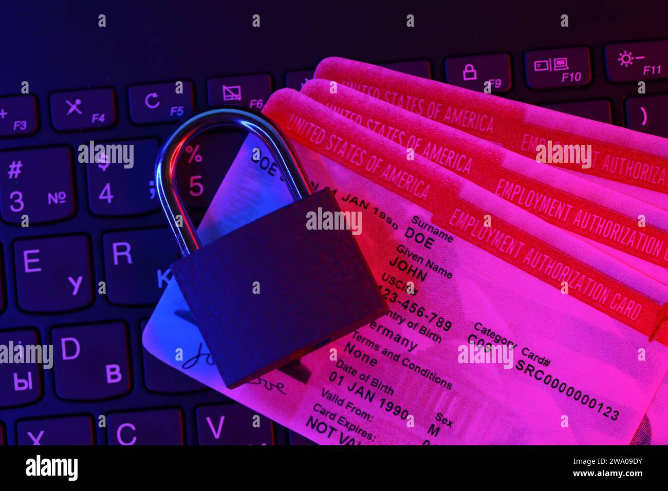 US Employment authorization card with small padlock on computer ...