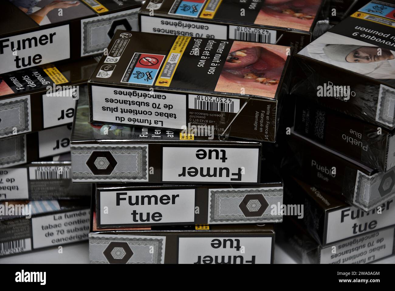 France. 31st Dec, 2023. In this photo illustration, cigarette packets ...