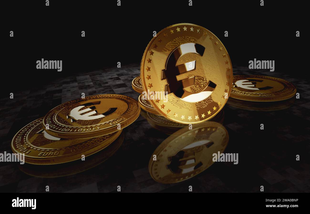 Euro EUR CBDC cryptocurrency gold coin on green screen background. Abstract concept 3d ...