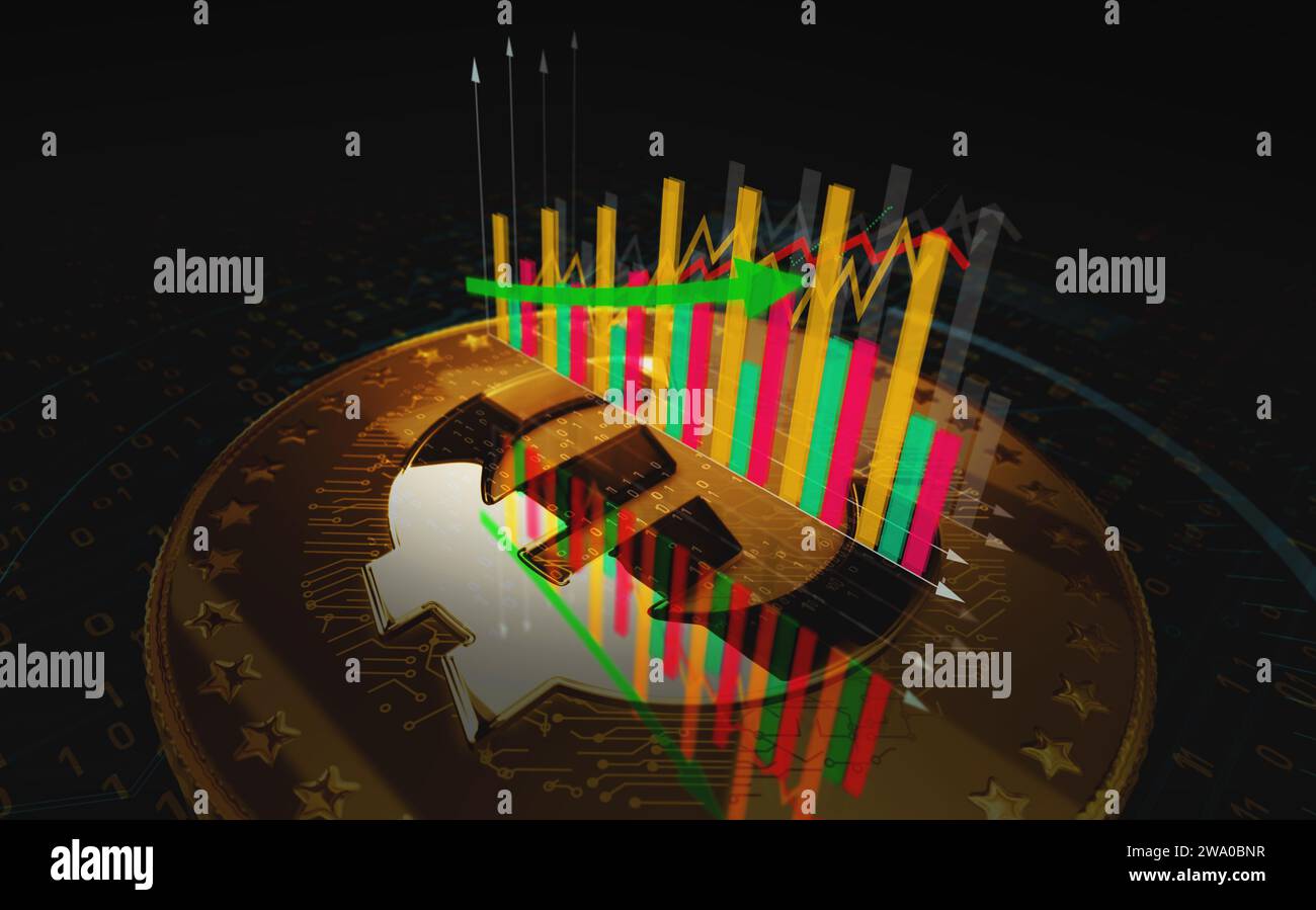 Euro EUR cryptocurrency golden coin over the chart. Price trend graph ...