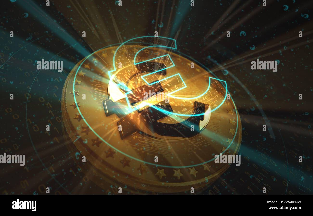 Euro EUR CBDC cryptocurrency gold coin on green screen background ...