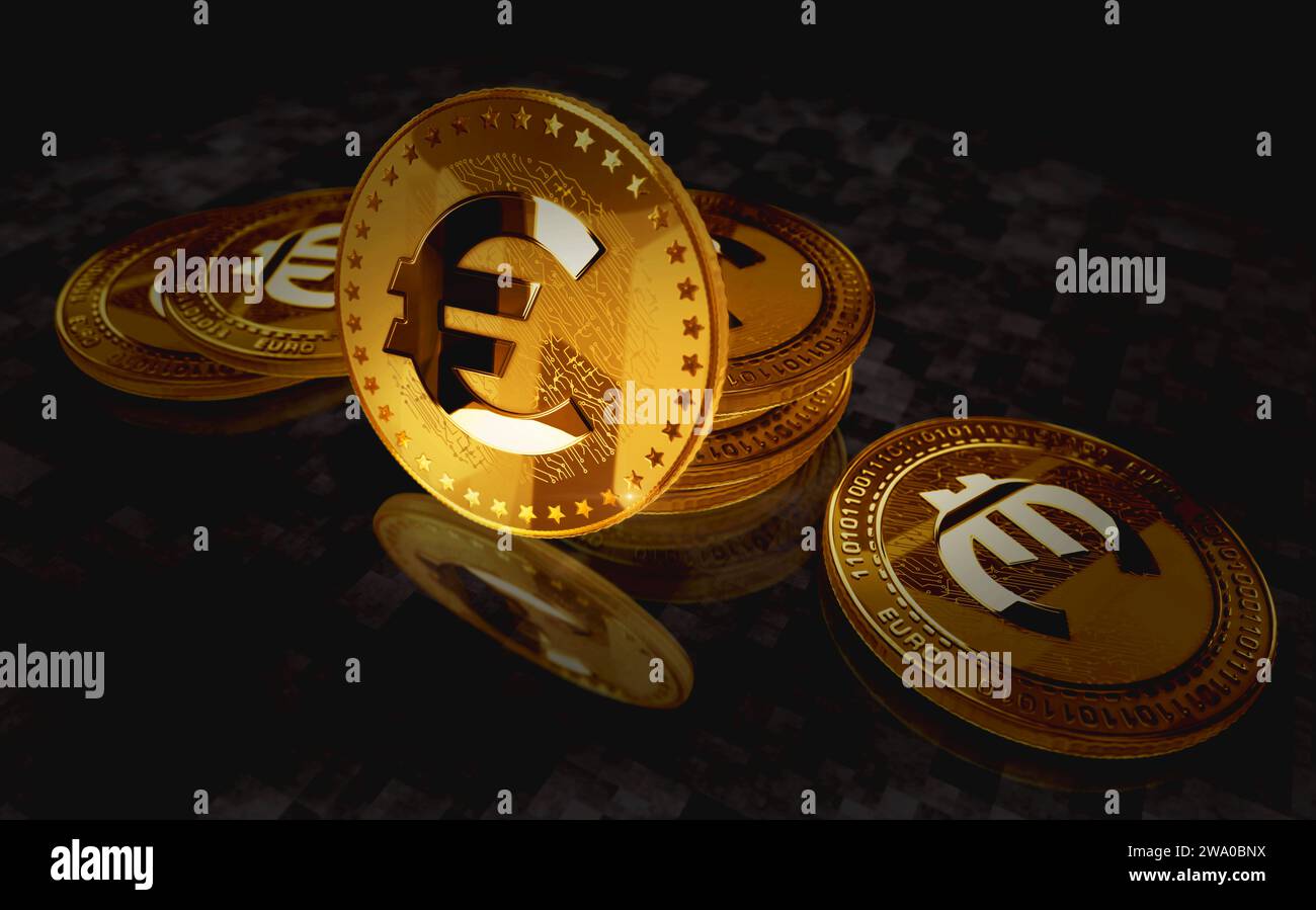 Euro EUR CBDC cryptocurrency gold coin on green screen background. Abstract concept 3d ...