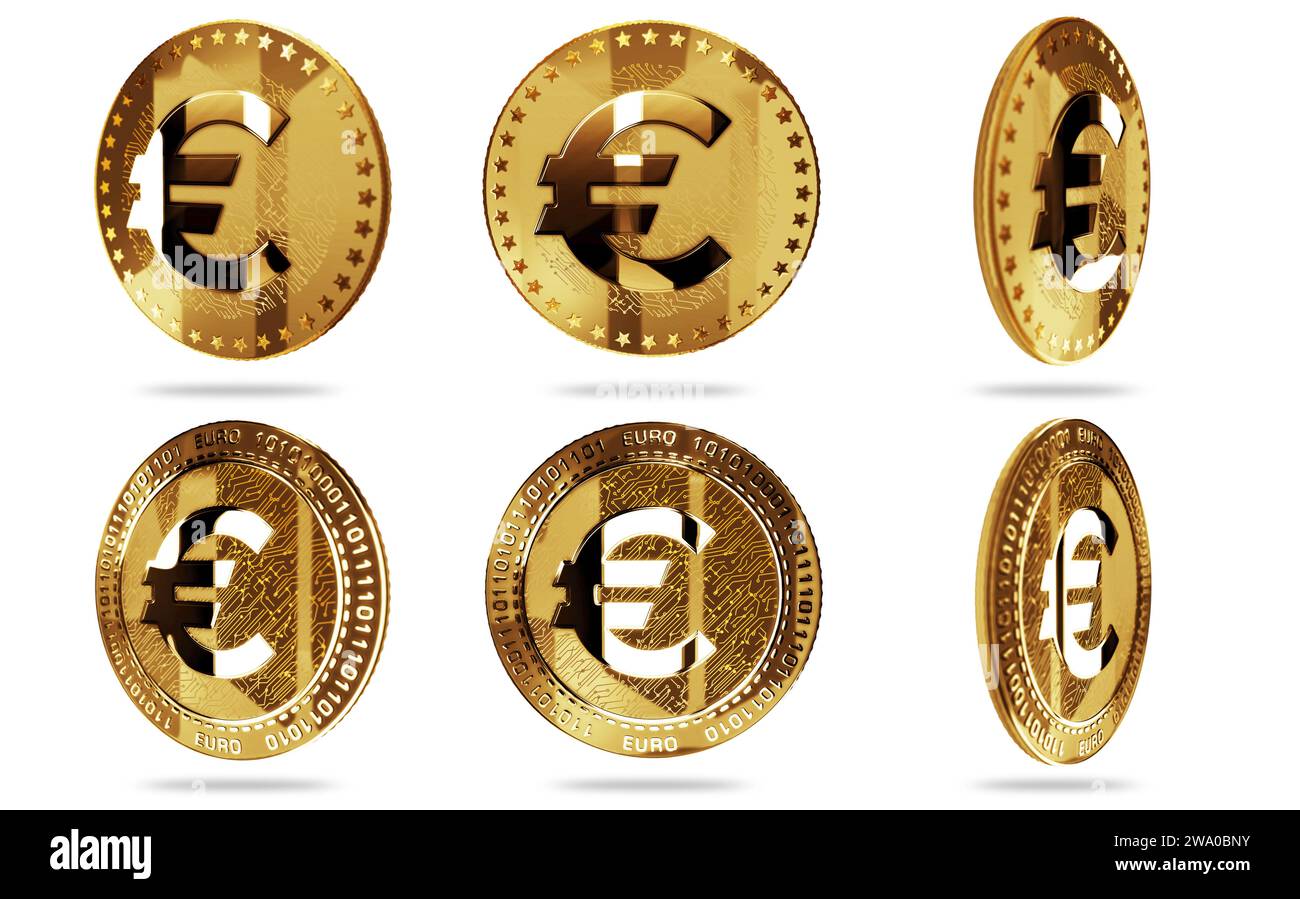 Euro EUR CBDC cryptocurrency isolated gold coin on green screen ...