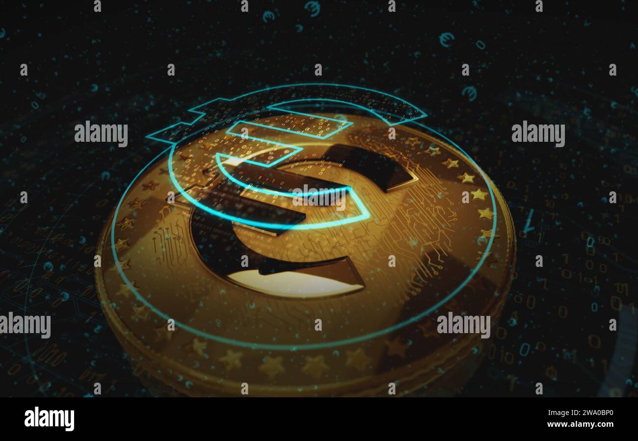 Euro EUR CBDC cryptocurrency gold coin on green screen background. Abstract concept 3d ...