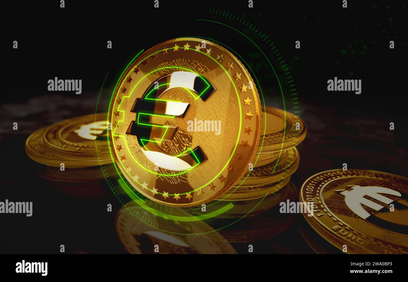 Euro EUR CBDC cryptocurrency gold coin on green screen background ...