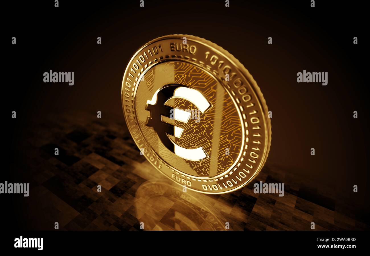 Euro EUR CBDC cryptocurrency gold coin on green screen background ...