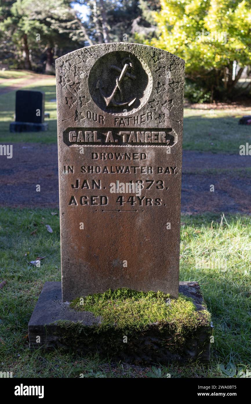 Oysterville WA USA Nov 26 2023 -Grave Stone of Carl A Tanger Drowned 1873 in Shoalwater Bay ...