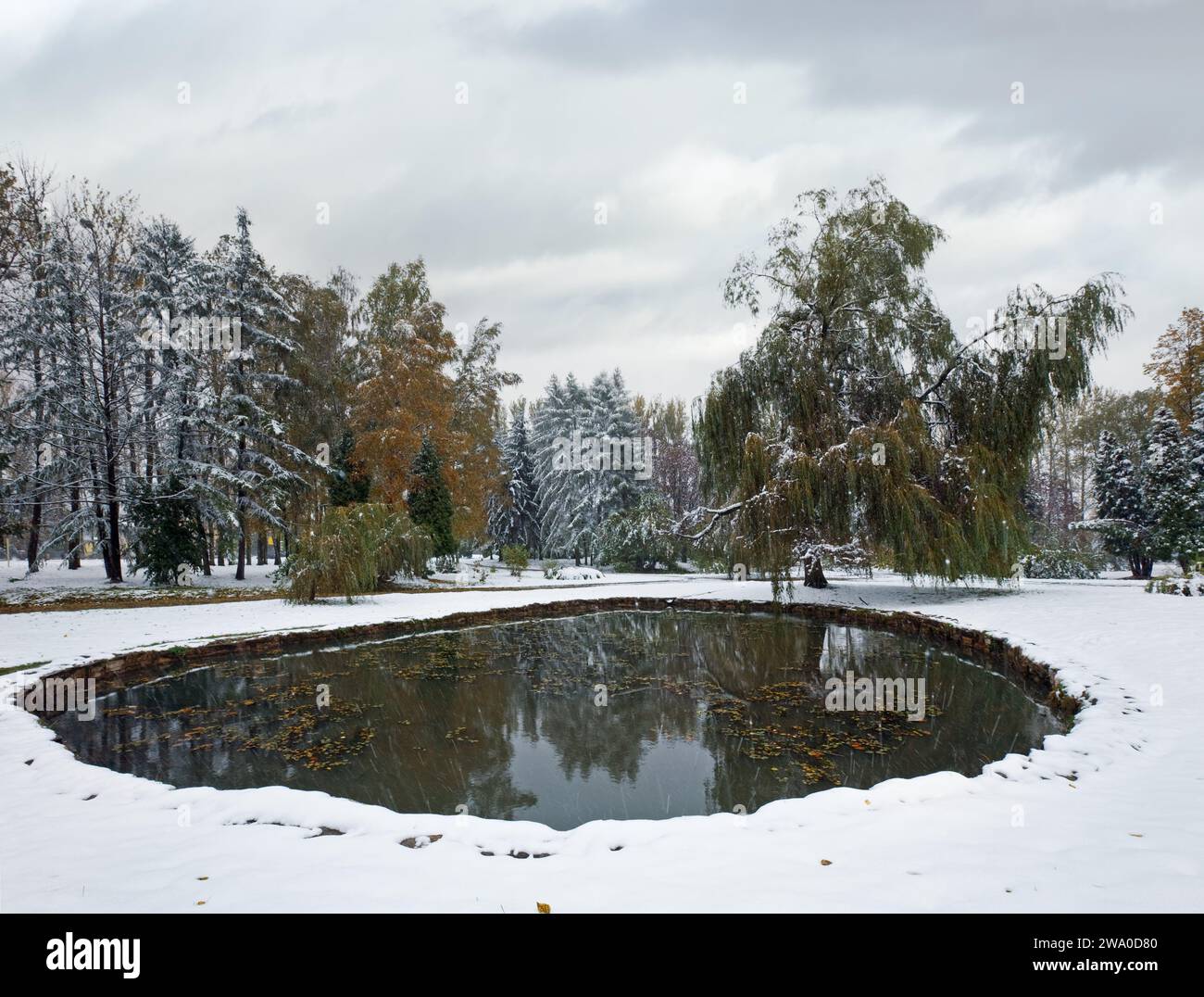 First autumn sudden snow in city park and small pond Stock Photo - Alamy