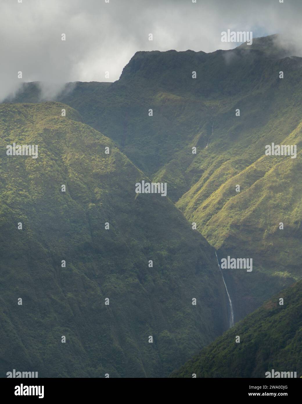 Misty peaks and a slender waterfall on Maui's Waihe'e Ridge Trail Stock ...