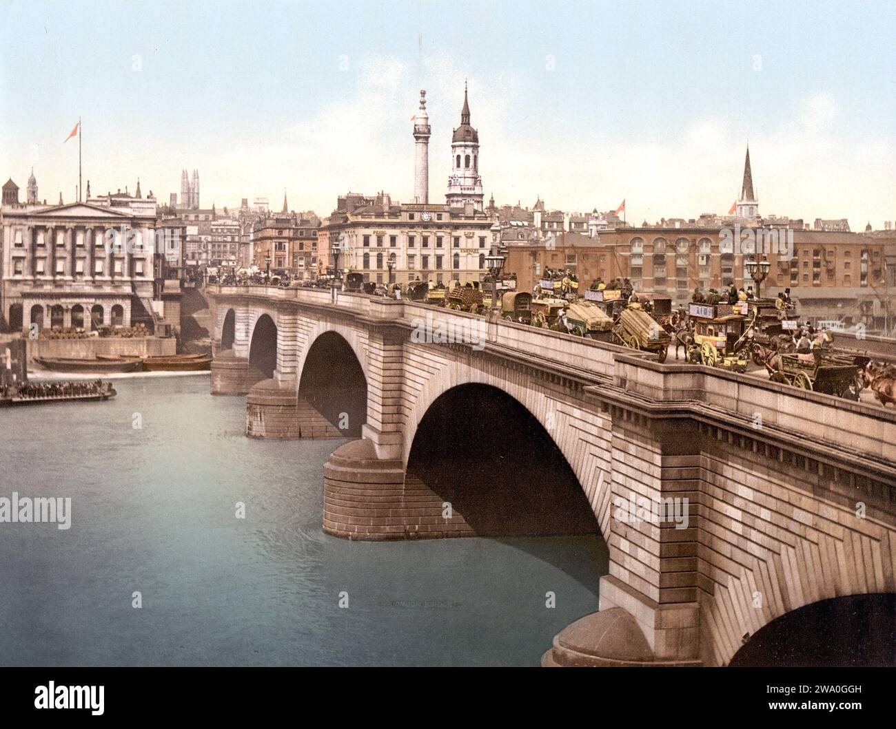 Vintage color photolithograph of people and horse-drawn carriages on ...