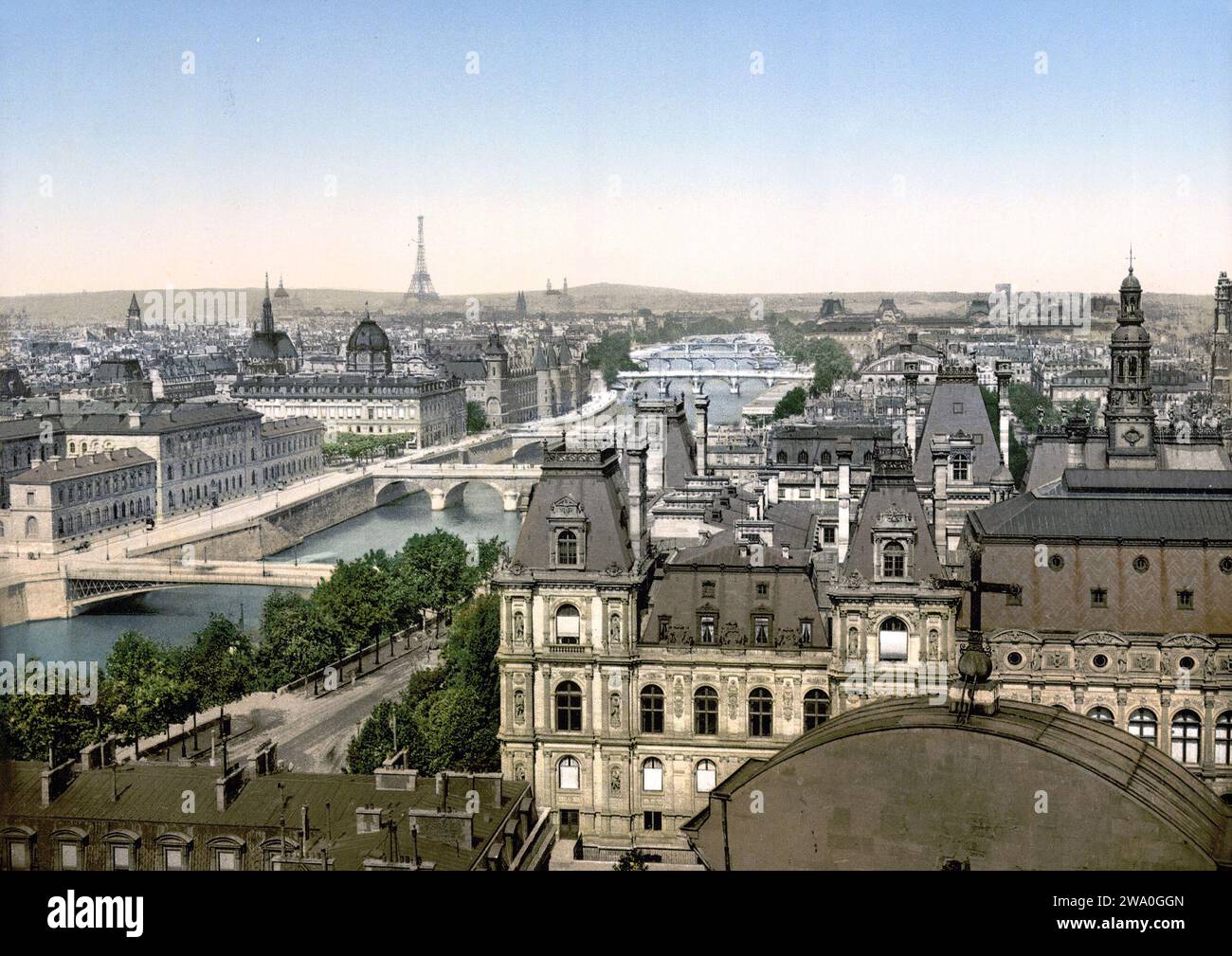 Vintage color photolithograph of the seven bridges on the river Seine ...