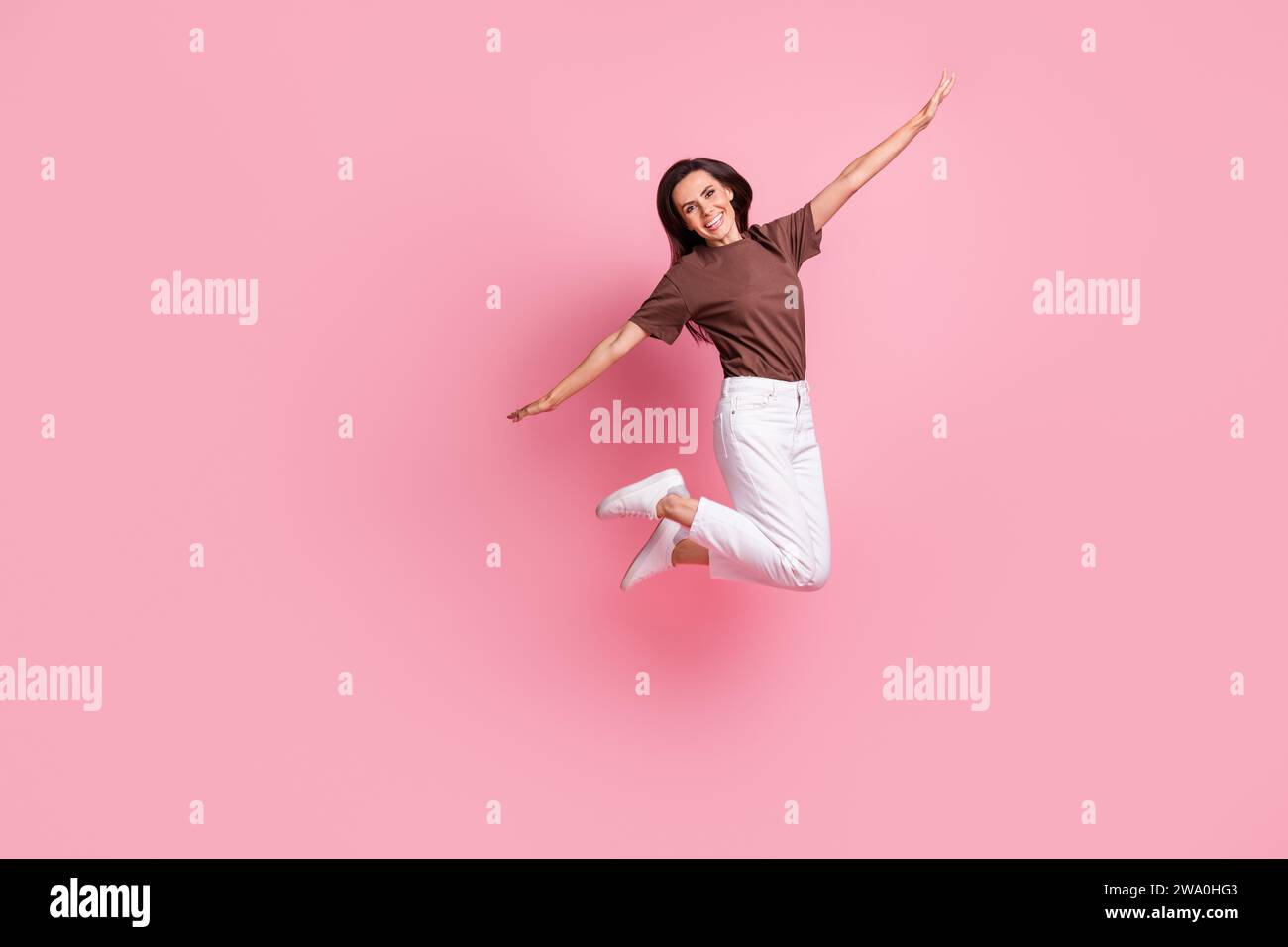 Full length body photo of charming young funny positive woman flying ...