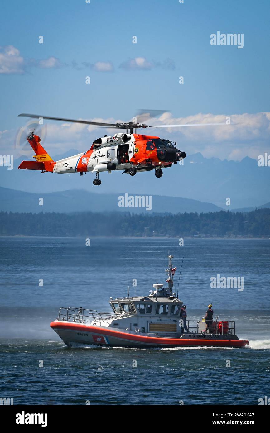 A Coast Guard MH-60 Jayhawk helicopter from Air Station Astoria hovers ...