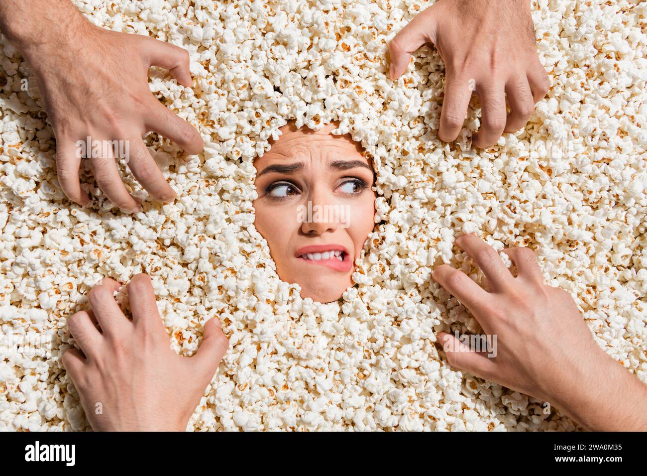 High angle view photo of funky terrified girl biting lip look zombie ...