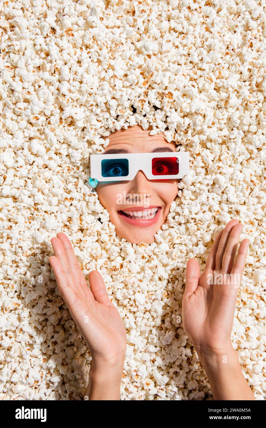 Vertical above view photo of positive cheerful lady toothy smile watch ...