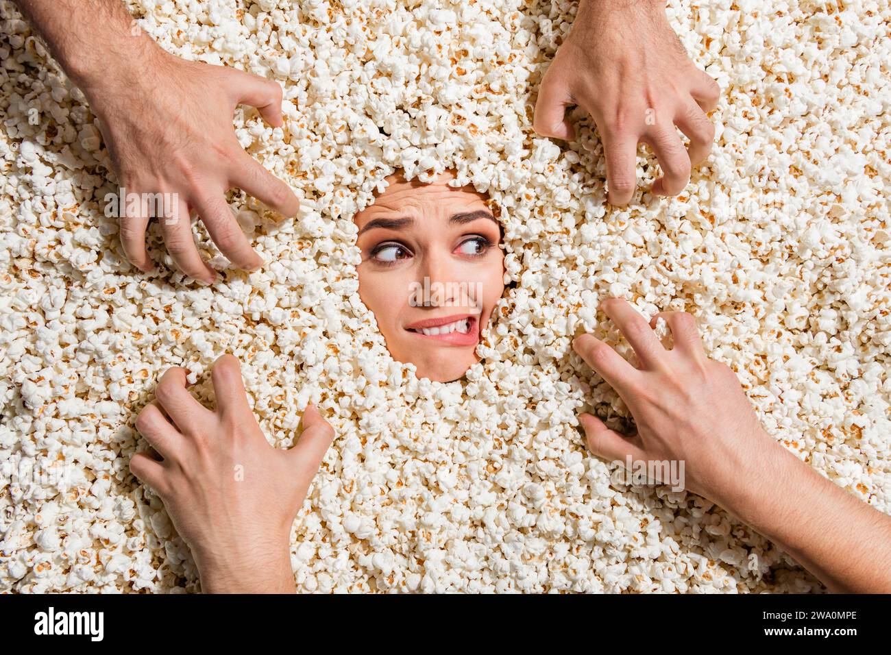 Above view photo of horrified zombie people arms funky person biting ...