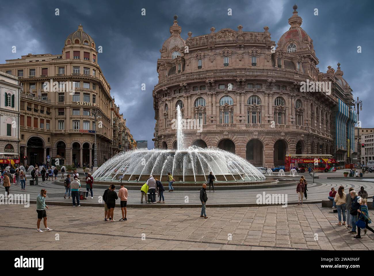 Piazza de Ferrari, fountain and the stock exchange at the back, built ...
