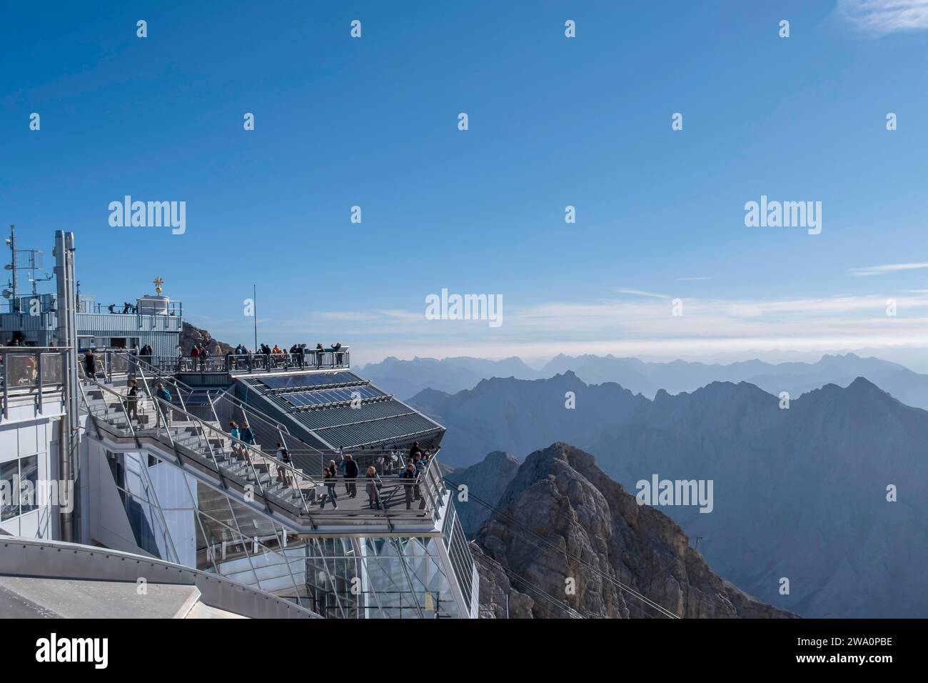 Visitors on the viewing platform of the Bavarian Zugspitze railway ...