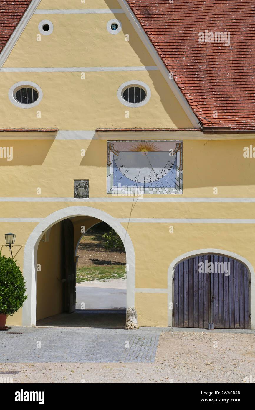 Sundial, round arch, entrance, Mochental Castle, Renaissance style ...