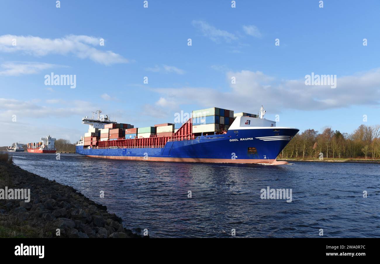 Container ship Oocl Rauma sailing in the Kiel Canal, Schleswig-Holstein ...
