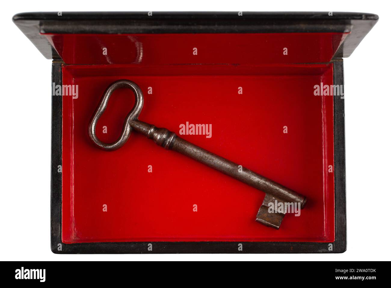 vintage old black and red casket with key isolated on white background ...
