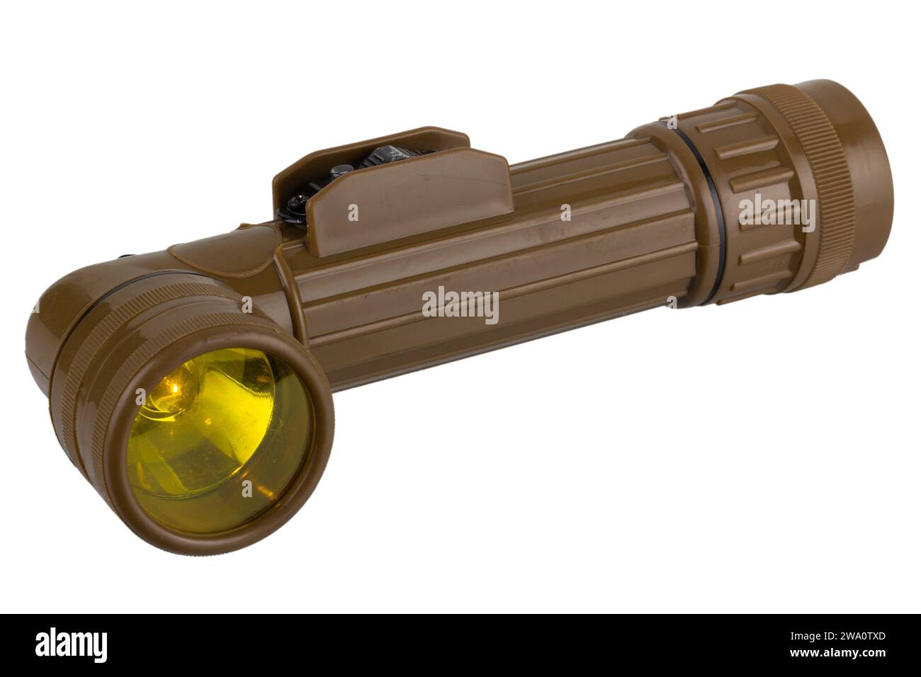 vintage military style flashlight with yellow light isolated on white ...