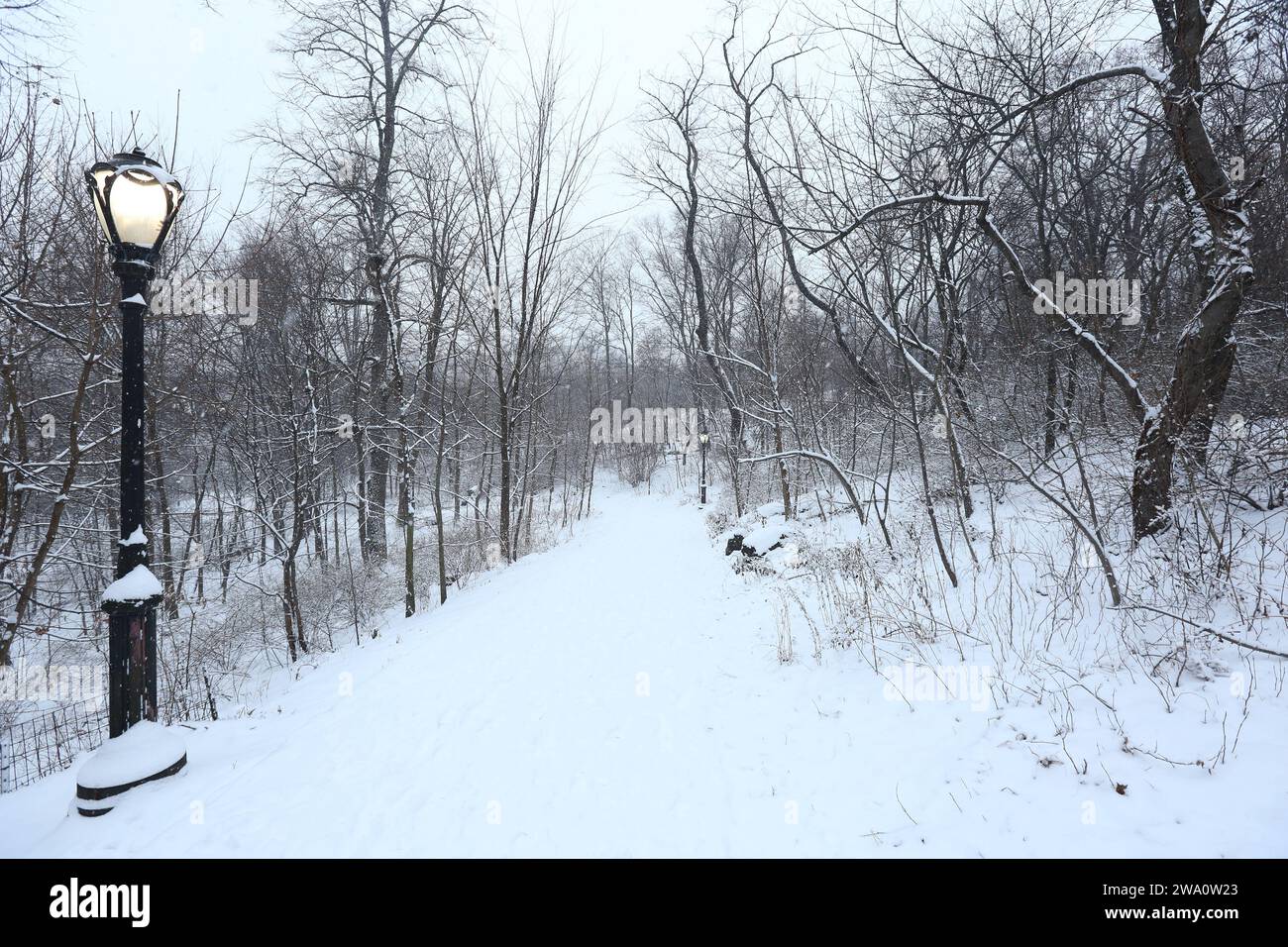 Winter scene picture postcards of Central Park in New York City on a chilly snow day. (Photo ...