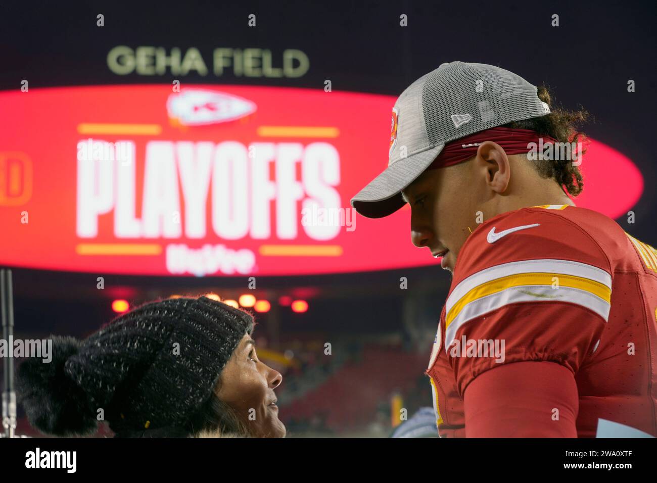 Kansas City Chiefs quarterback Patrick Mahomes is interviewed following ...