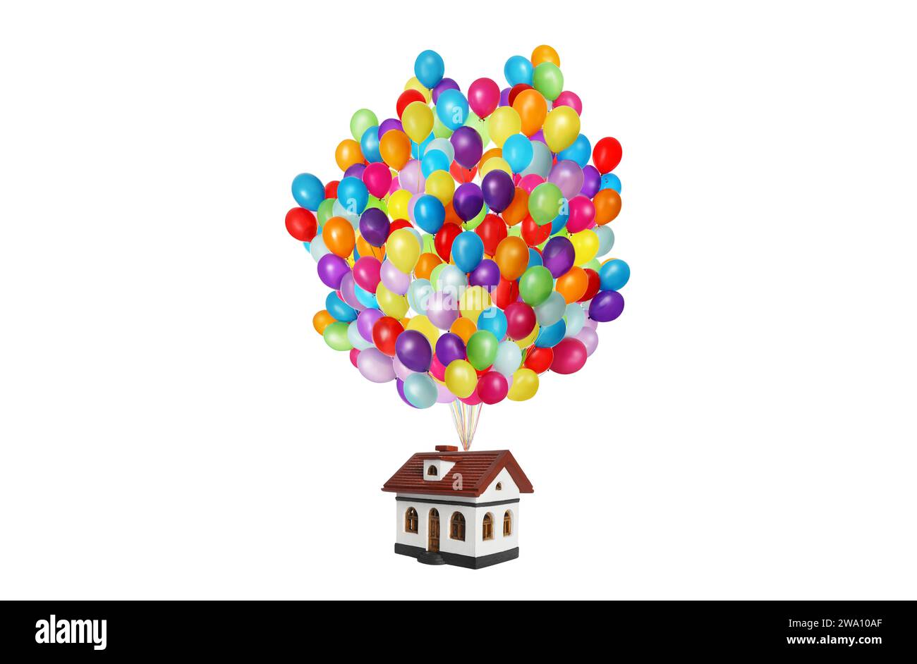 Many balloons tied to model of house flying on white background Stock ...
