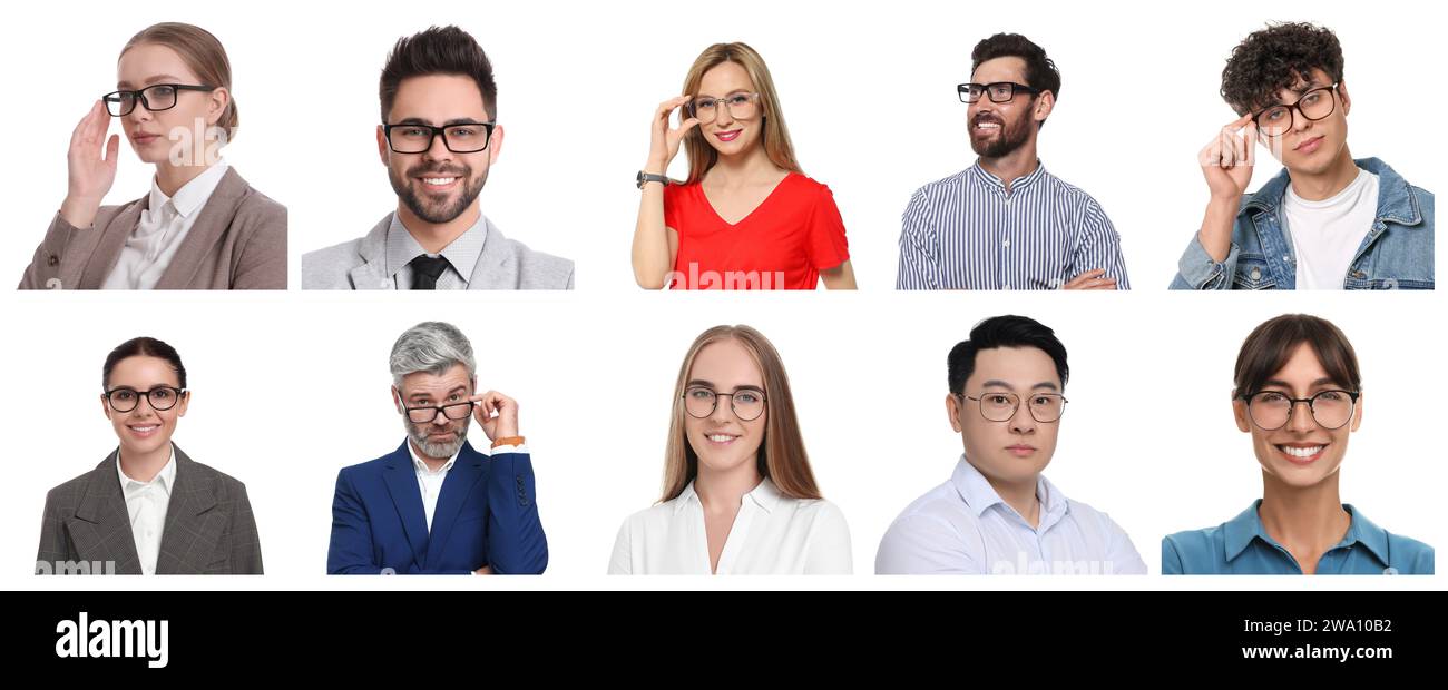 Many people in glasses on white background, collection of photos Stock ...
