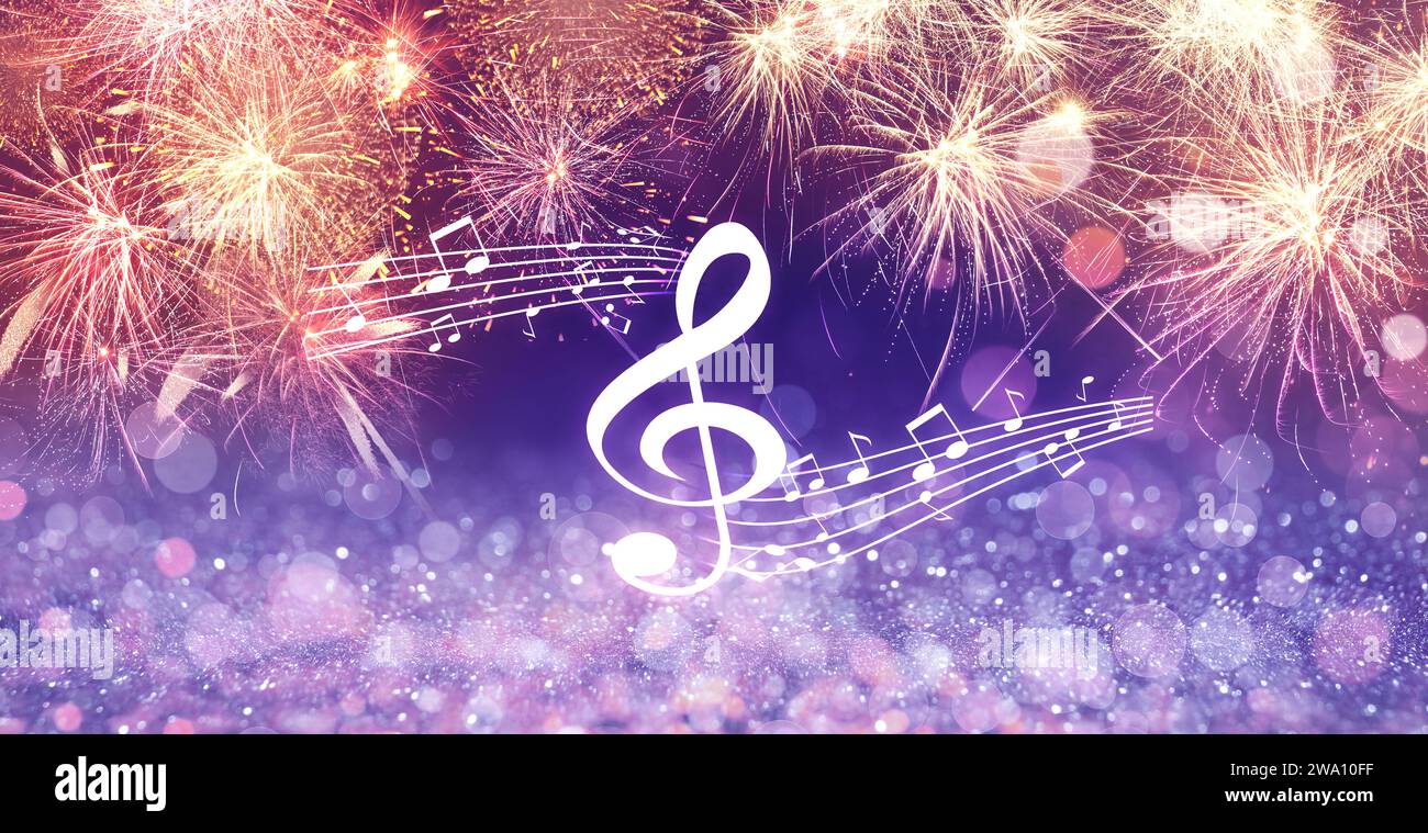 Music notes and fireworks on blurred background, bokeh effect. Banner ...