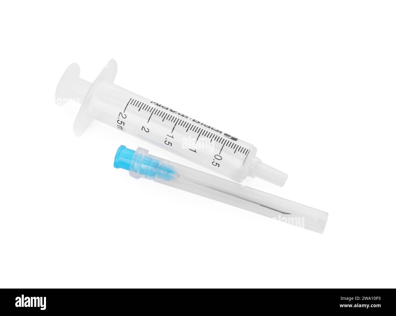 New medical syringe with needle isolated on white, top view Stock Photo ...