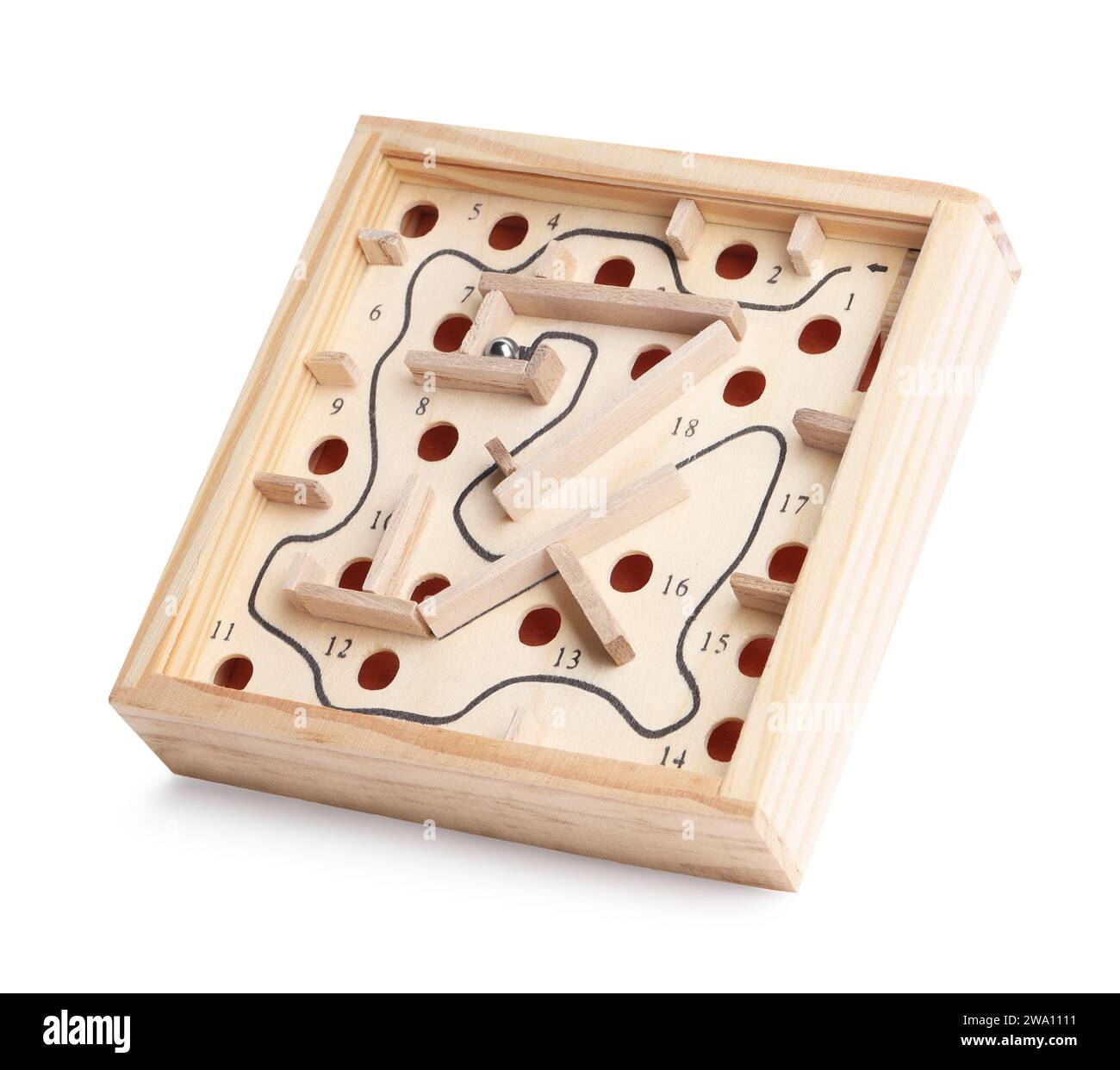 Wooden toy maze with metal ball isolated on white Stock Photo - Alamy