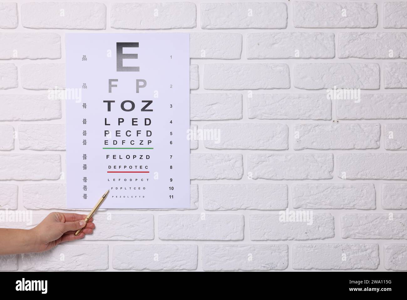 Ophthalmologist pointing at vision test chart on white brick wall ...