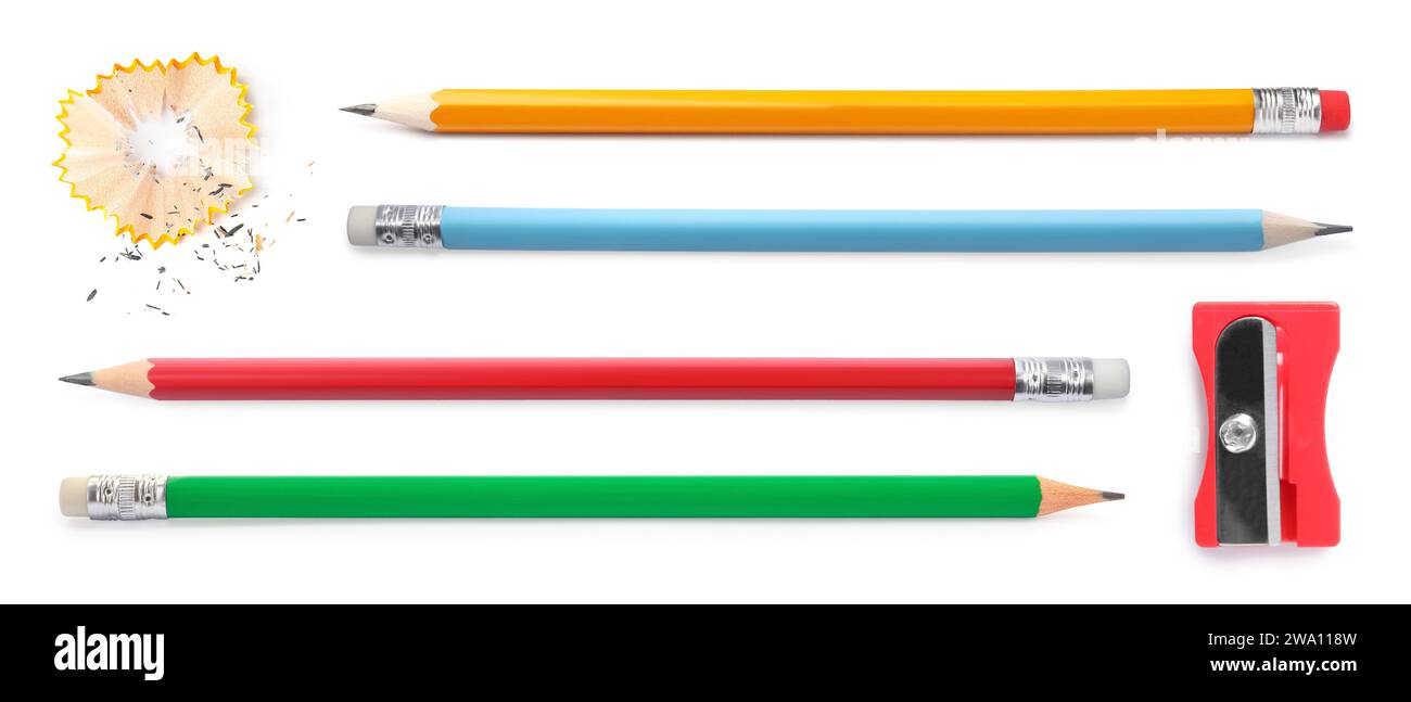 Different graphite pencils, sharpener and shavings isolated on white ...