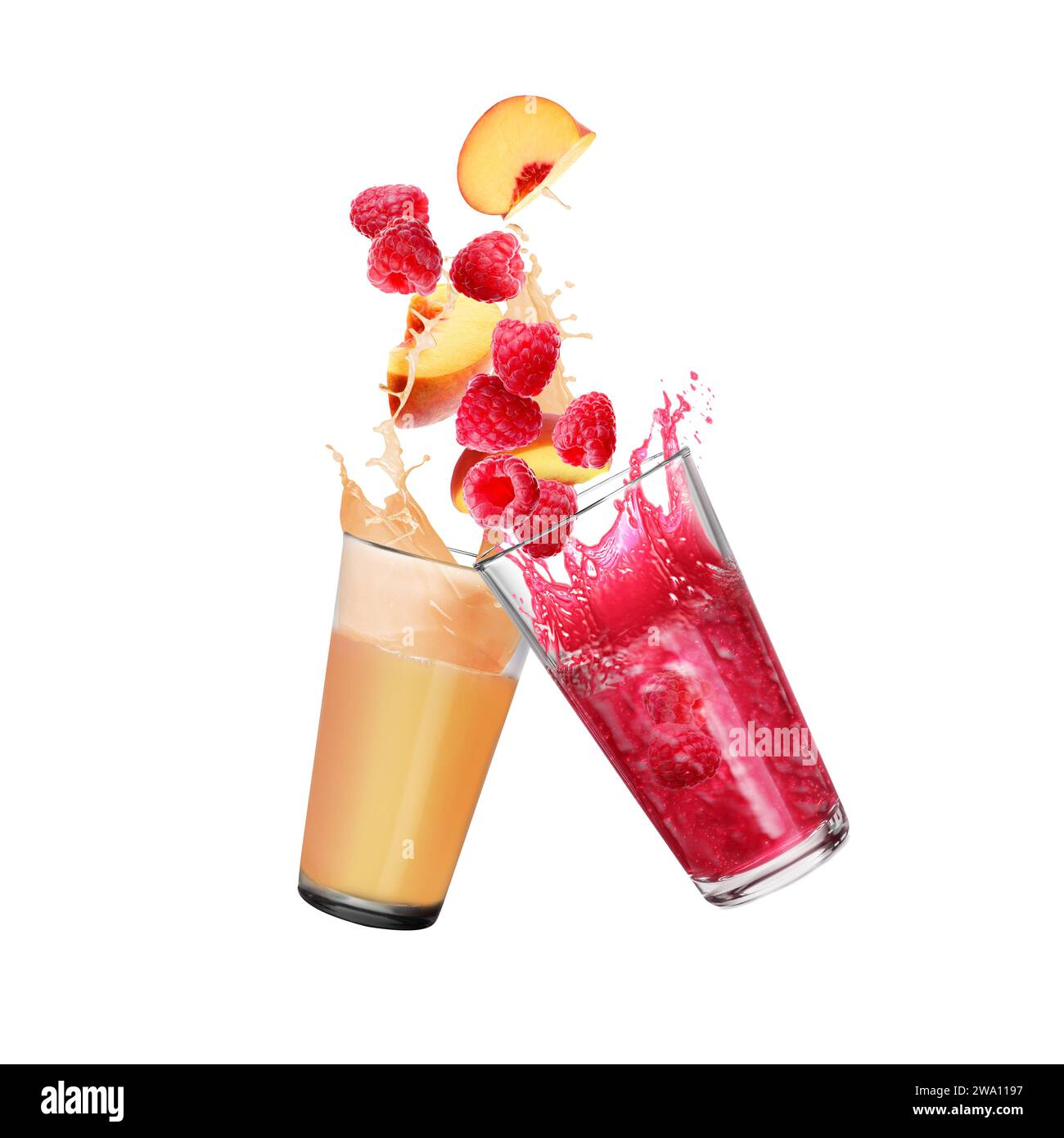 Fresh fruit juices splashing from glasses on white background Stock ...