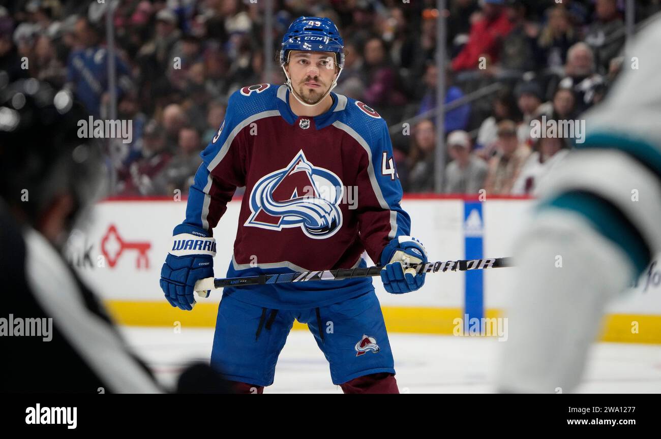 Colorado Avalanche defenseman Samuel Girard looks on before a face off ...