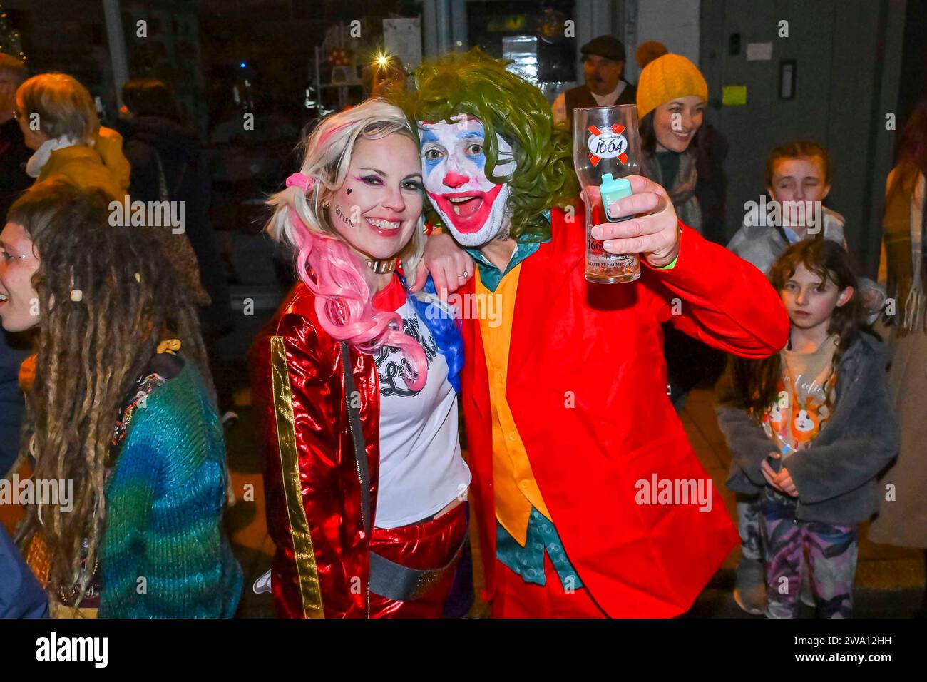 Bridport, Dorset, UK. 1st January 2024. New Years Eve revellers welcome ...
