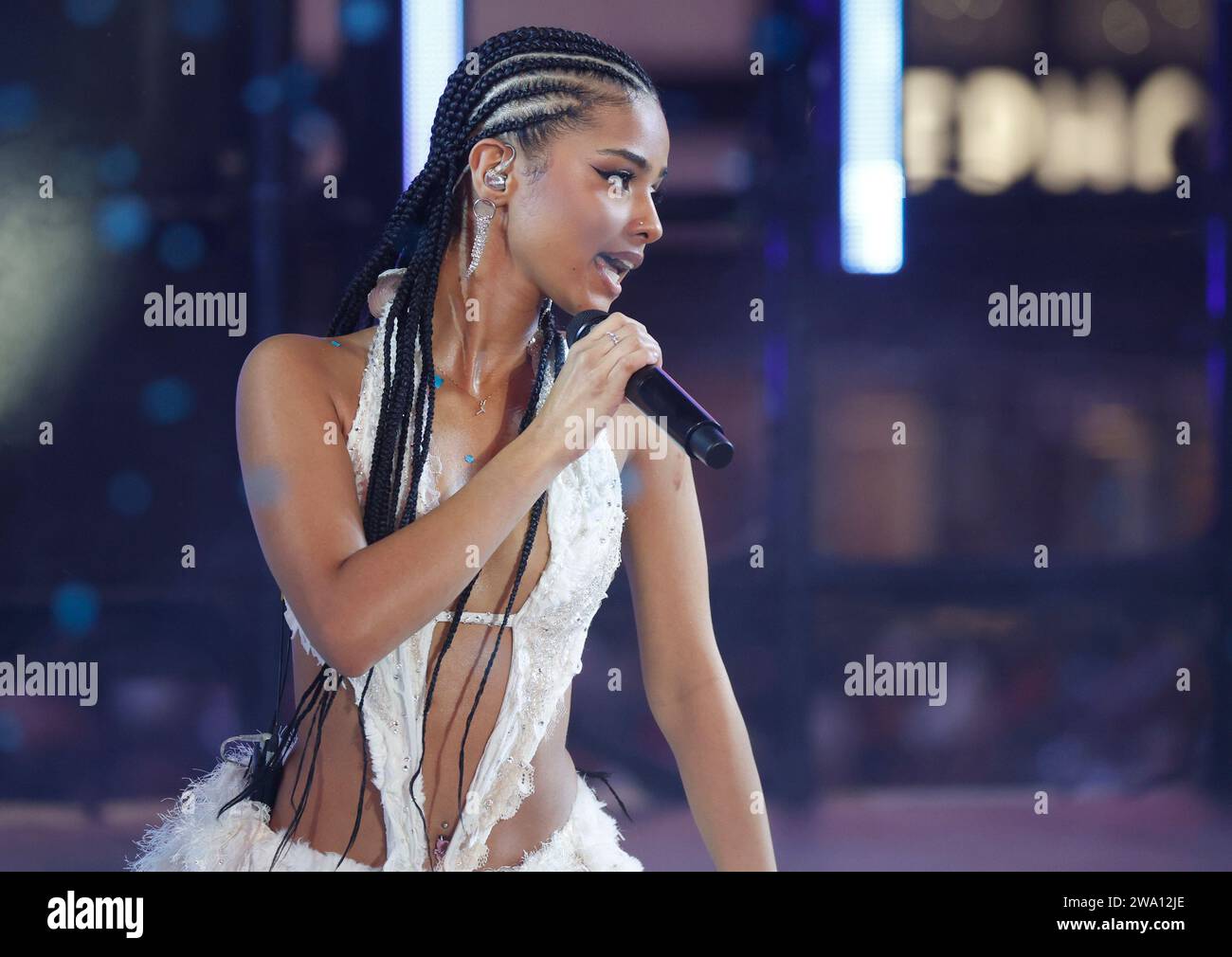 New York, United States. 31st Dec, 2023. Tyla performs in Times Square ...