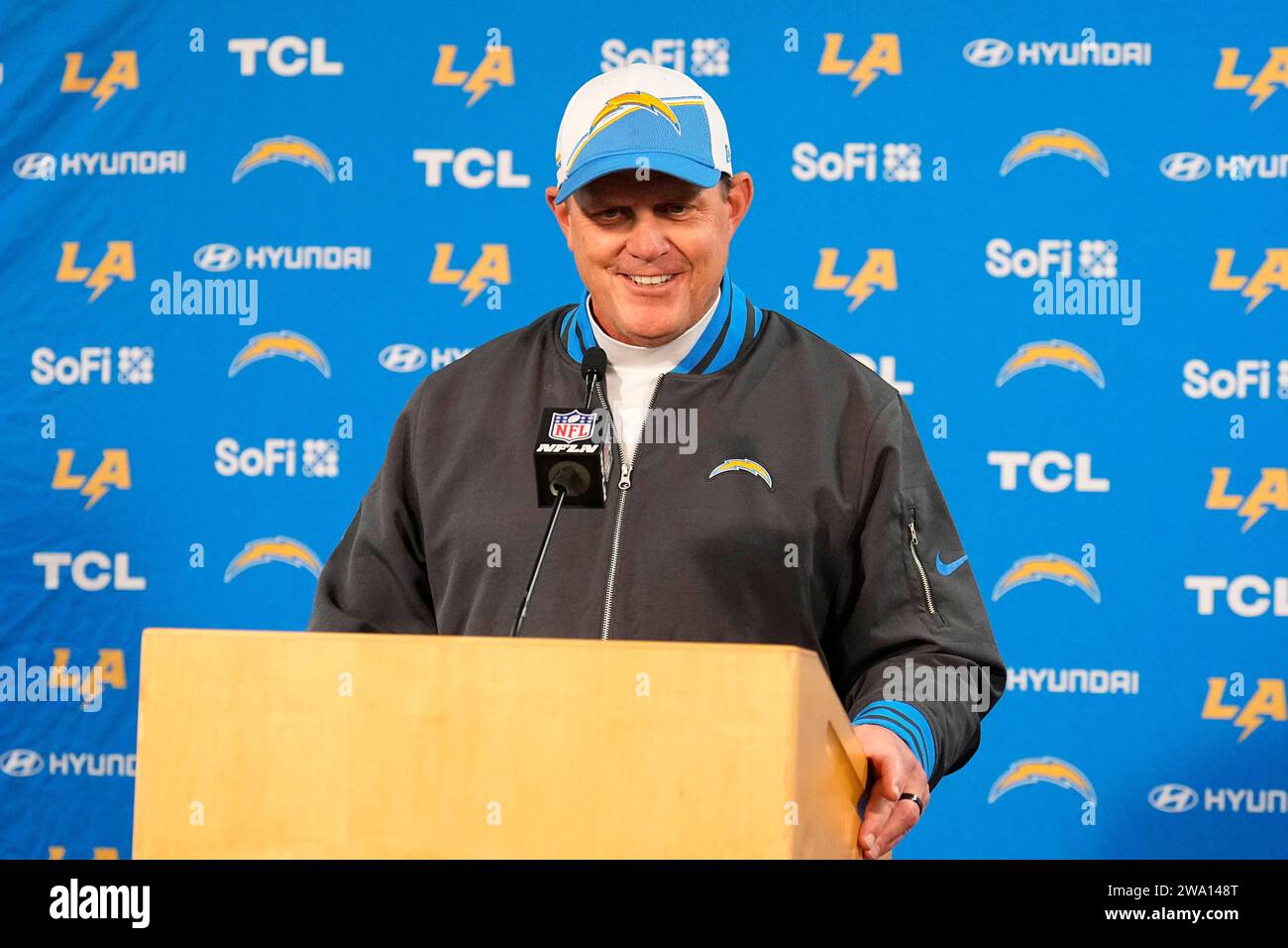 Los Angeles Chargers interim head coach Giff Smith talks during a news ...