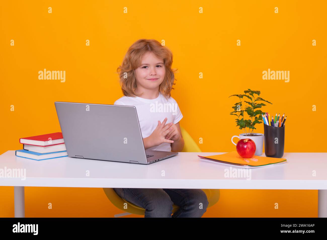 School child using laptop computer. Portrait of cute child school boy ...