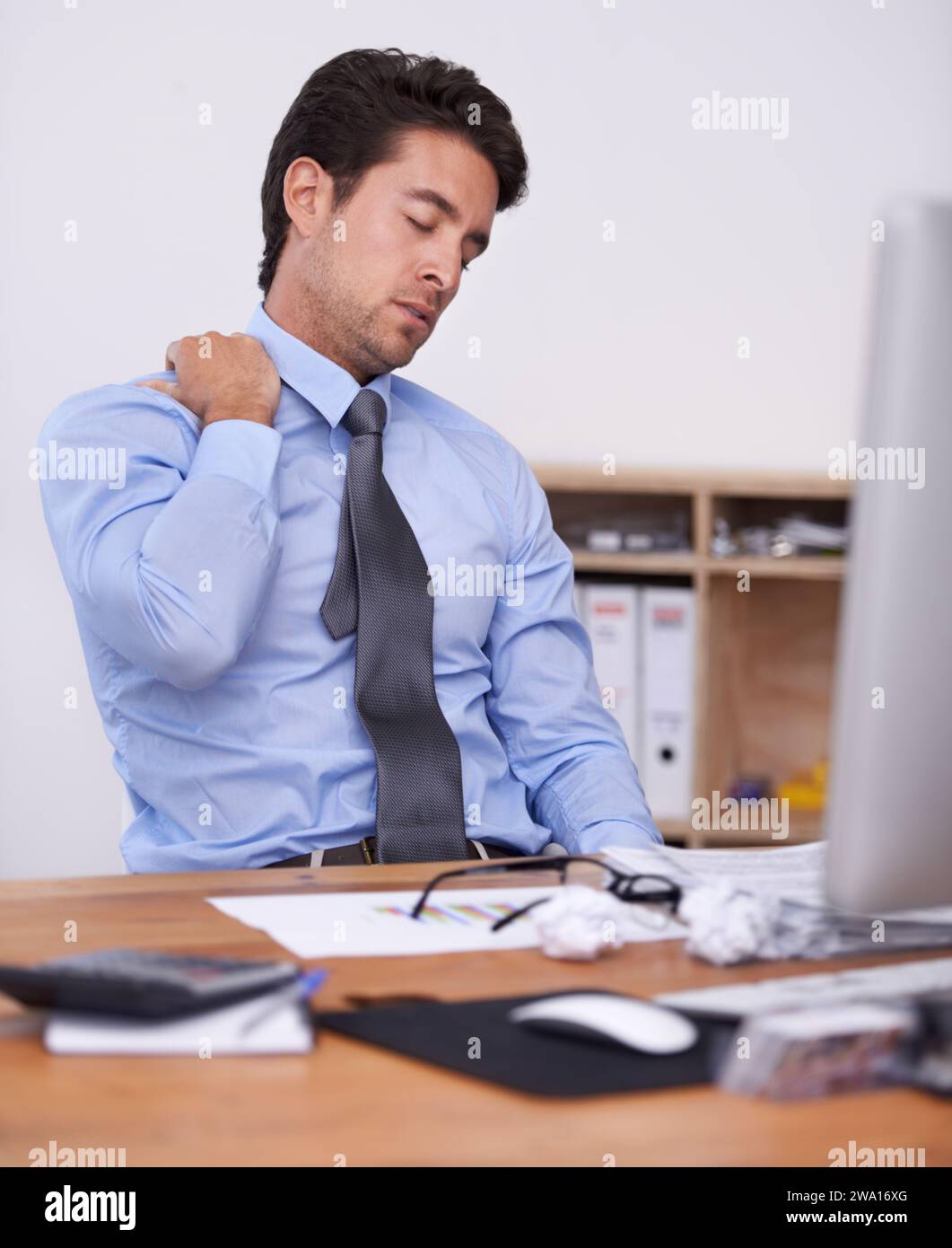 Business man, burnout and neck pain at work with data analyst in office ...