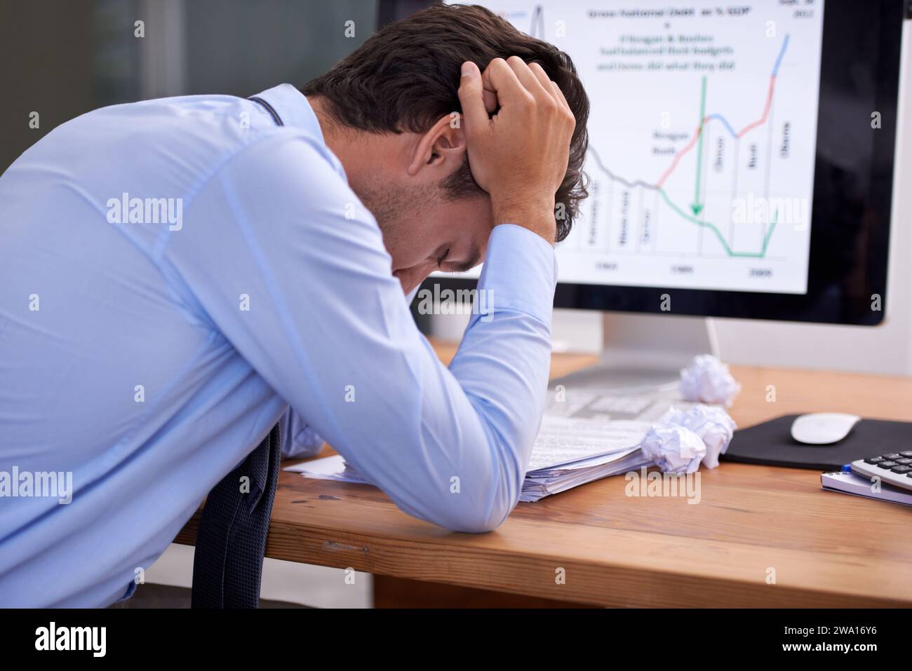 Business man, trader with burnout and fatigue at work, stress about job ...