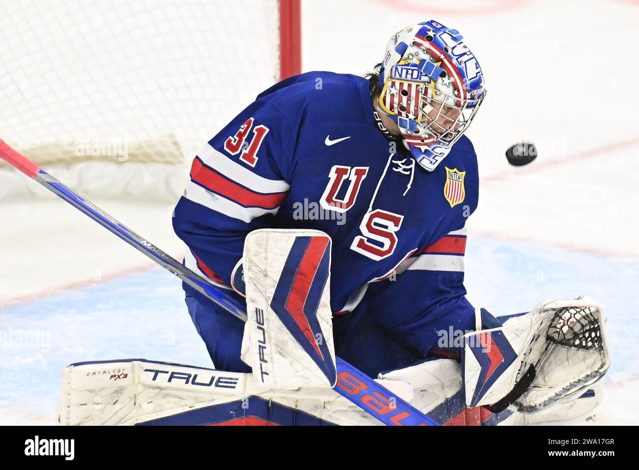 U.S. National U-18 team Nick Kempf (31) eyes and incoming shot during a ...