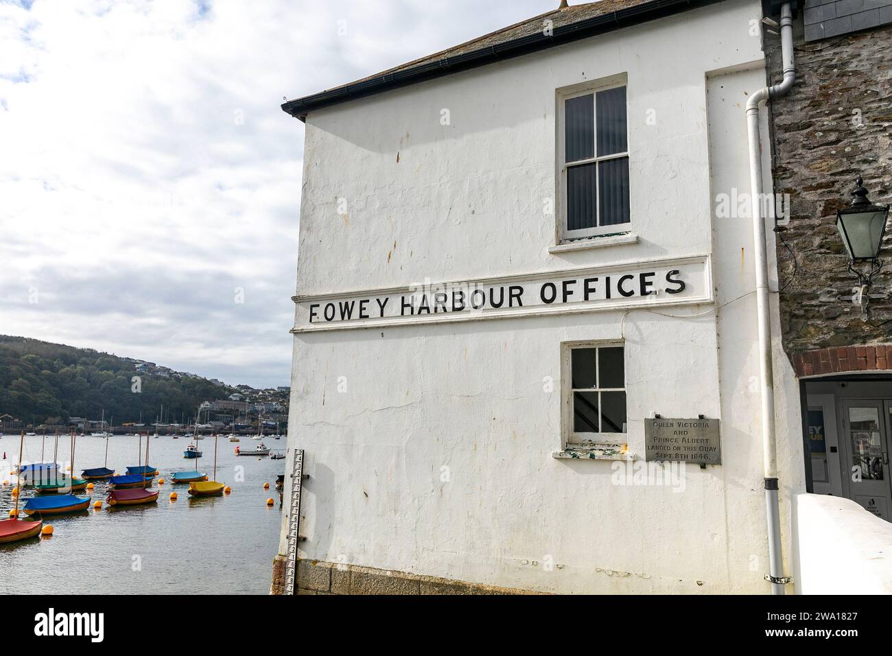 Fowey harbour offices building and sign in the centre of Fowey beside ...
