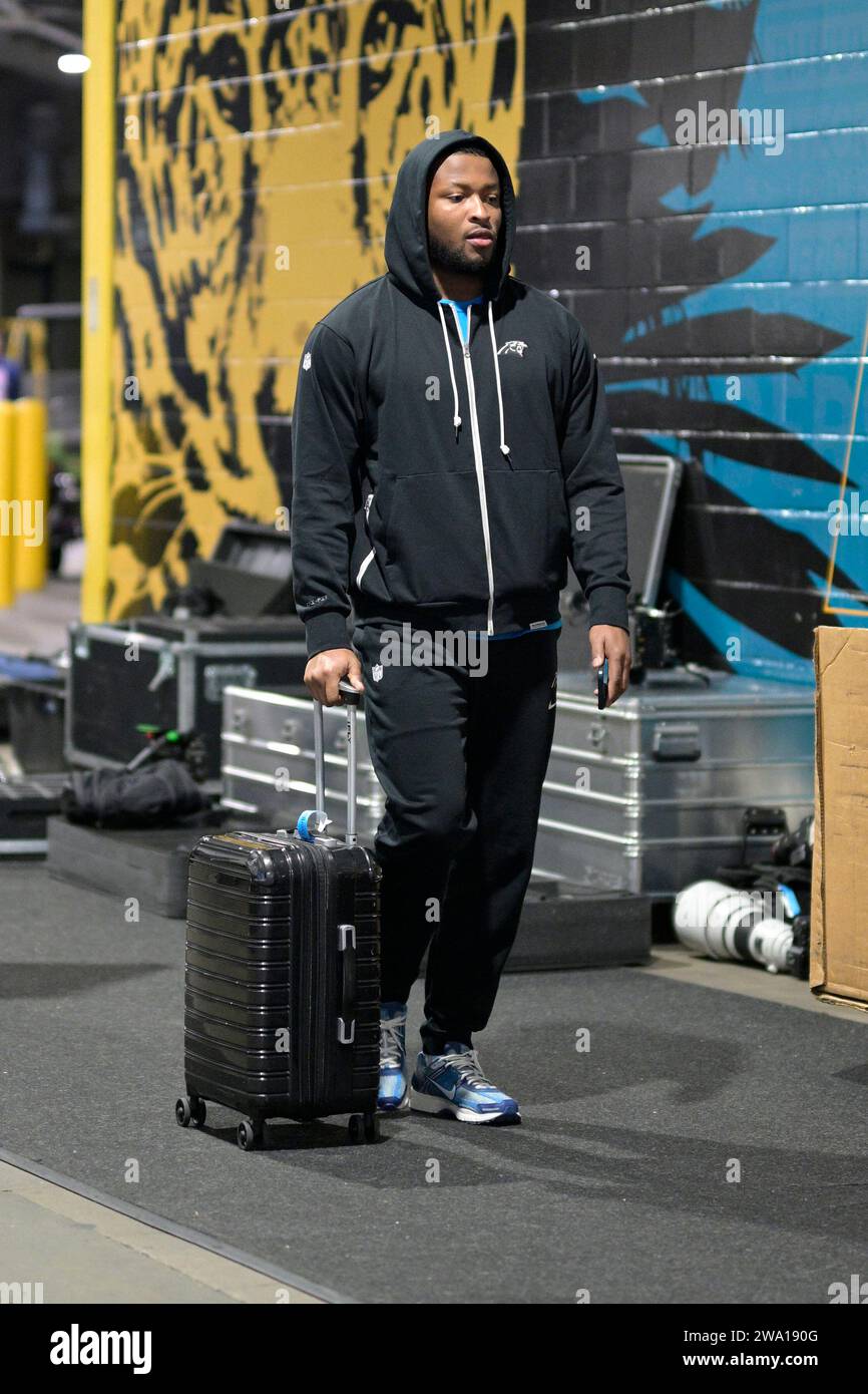 Carolina Panthers linebacker Tae Davis arrives to the stadium before an ...