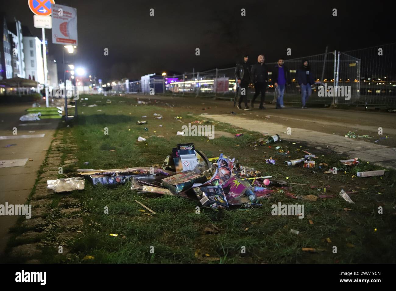 Cologne, Germany. 01st Jan, 2024. Burnt fireworks and other garbage lie ...