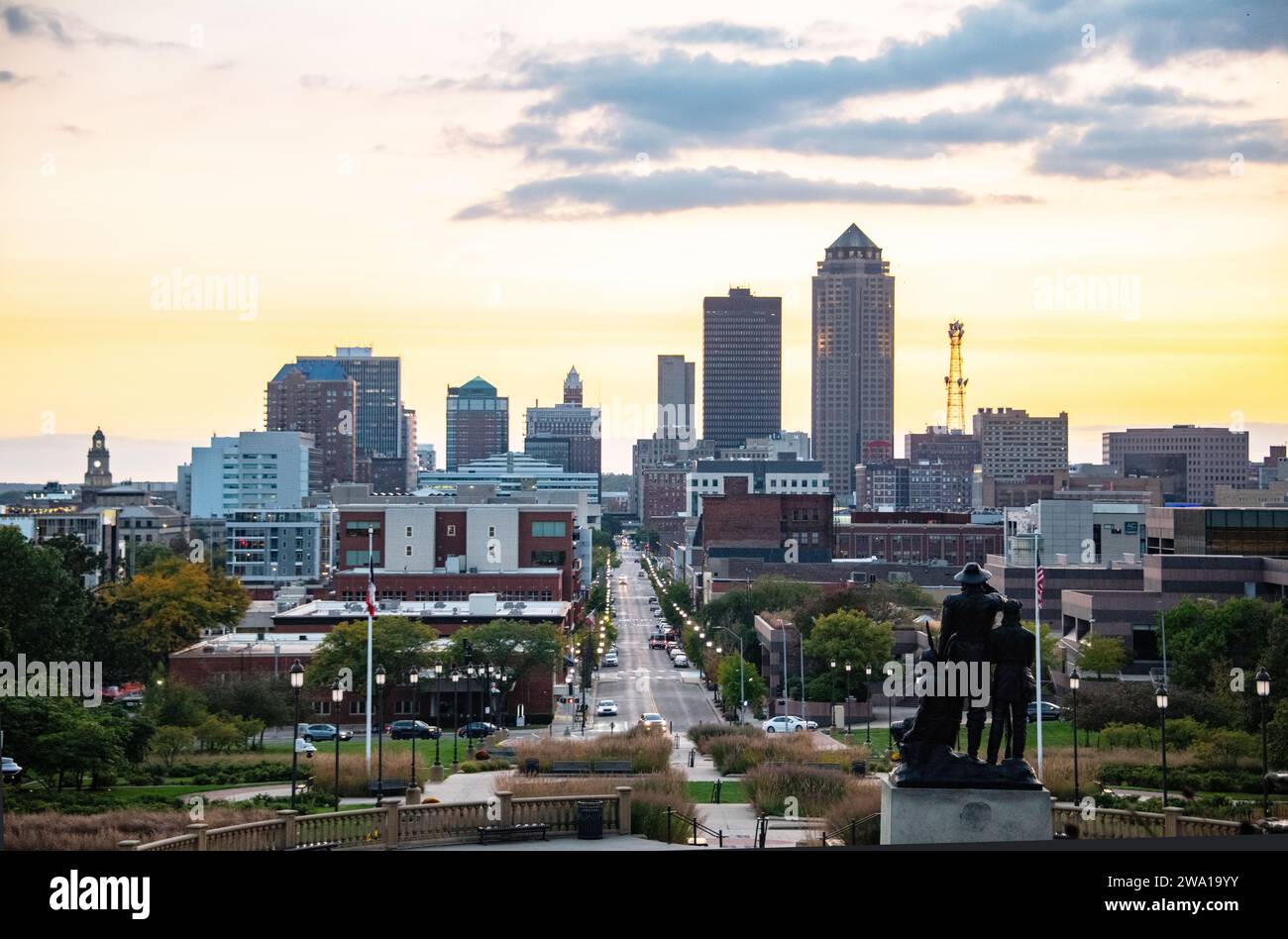 View of Des Moines from the Iowa State Capitol Steps at Sunset Stock ...